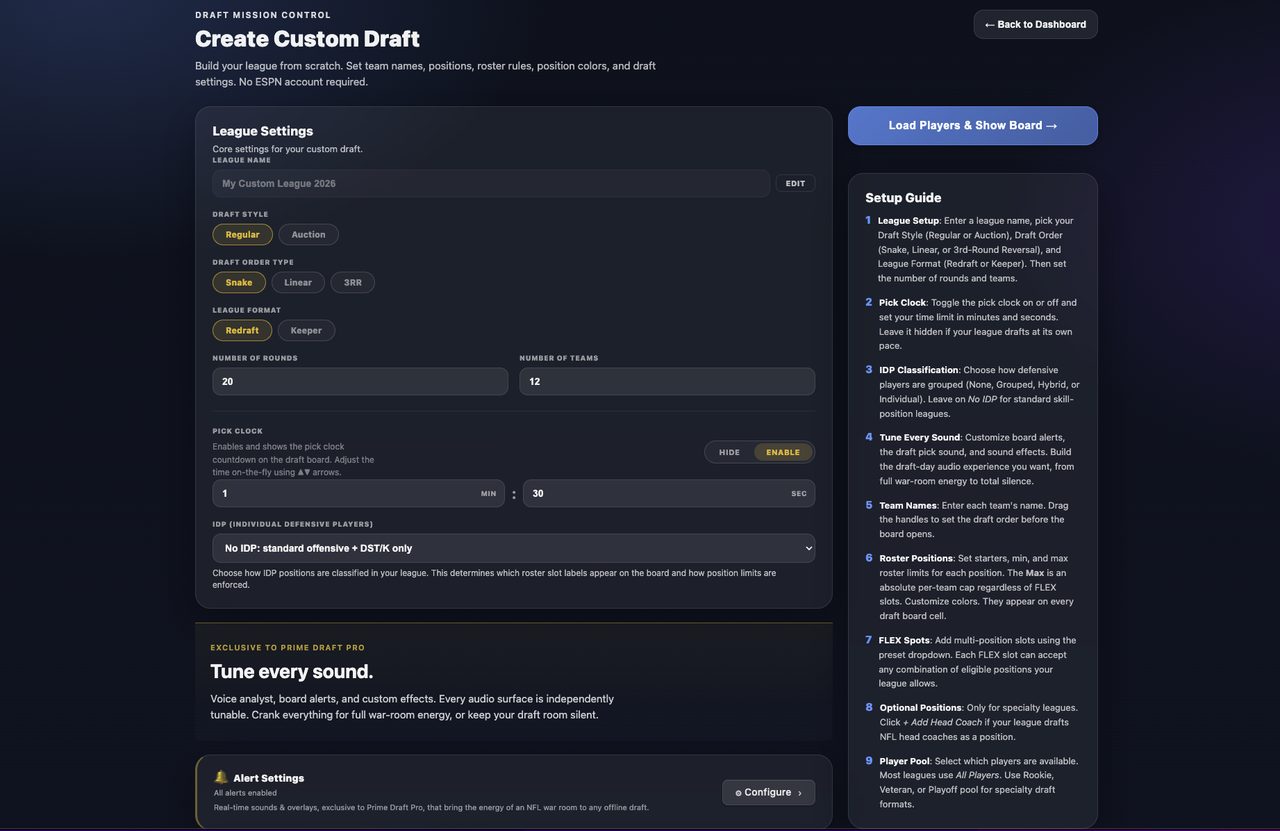 Live Fantasy Football Draft Board — Prime Draft Pro